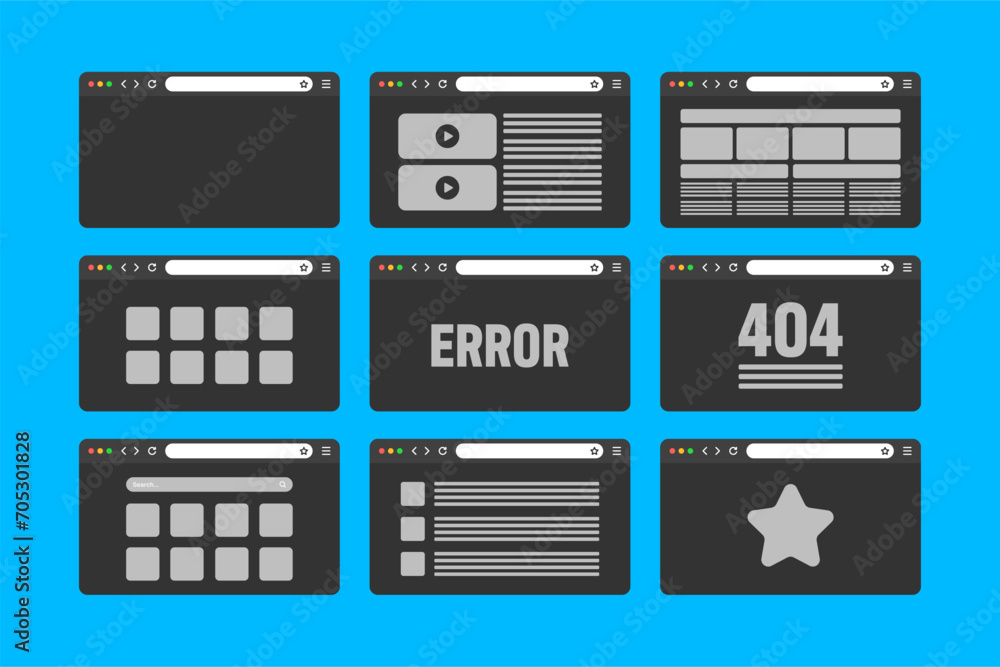 Web browser window, pages layout with toolbar and search field. Modern ...