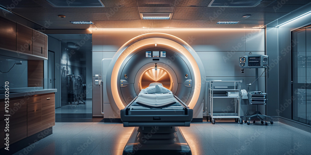MRI machine, no people, metallic and clean, room in soft lighting with ...