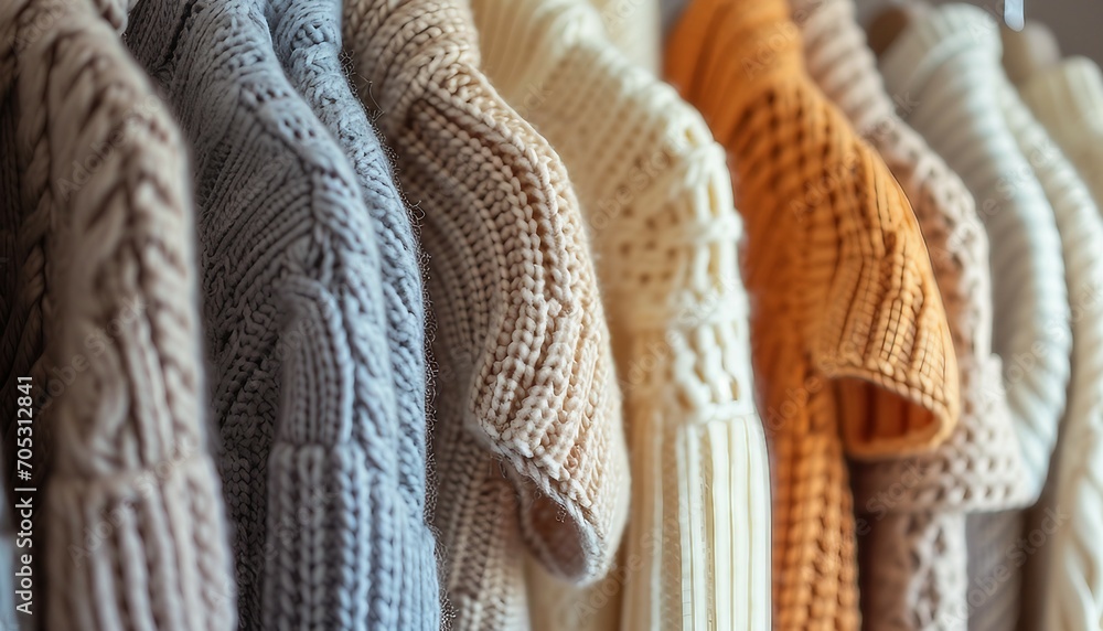 Bunch of knitted warm pastel color sweaters with different vertical ...