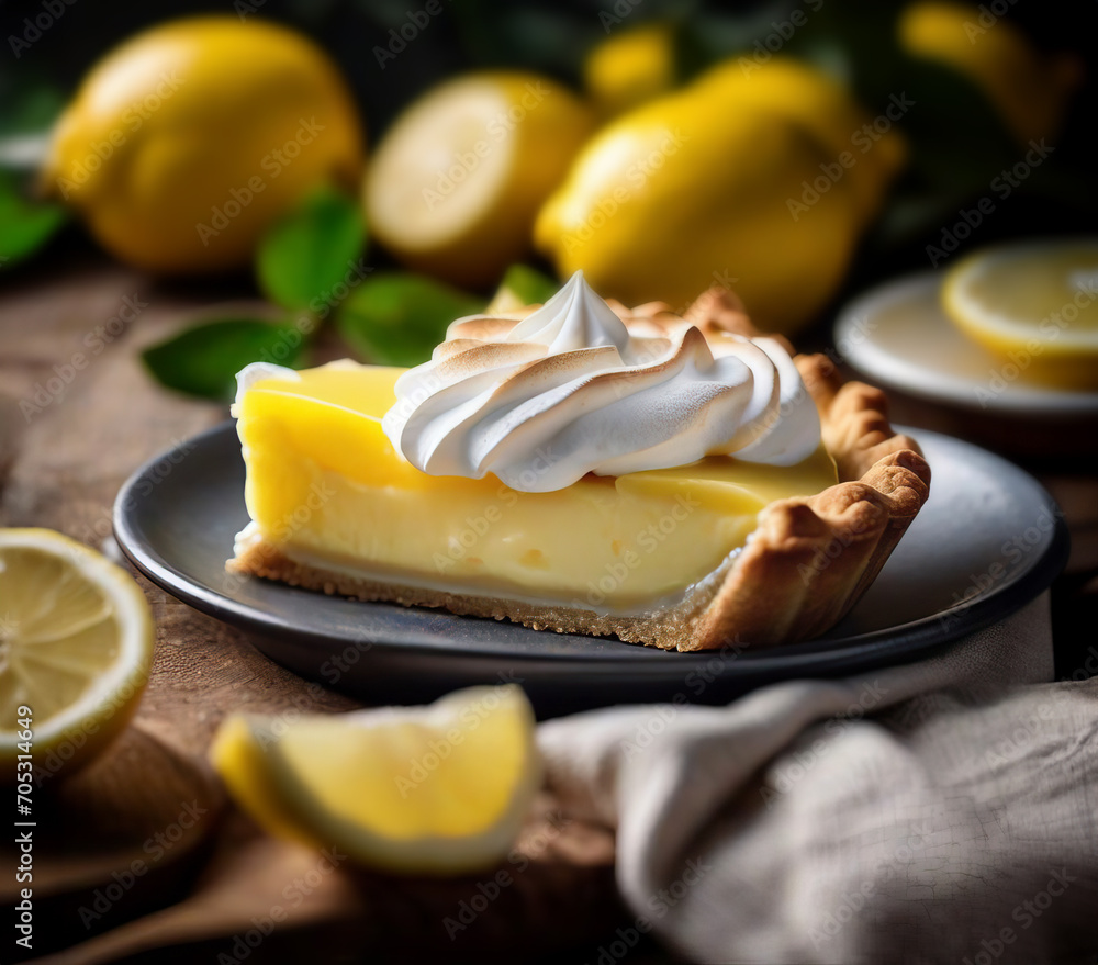 Piece of lemon pie in the shape of a triangle decorated with a flake of ...