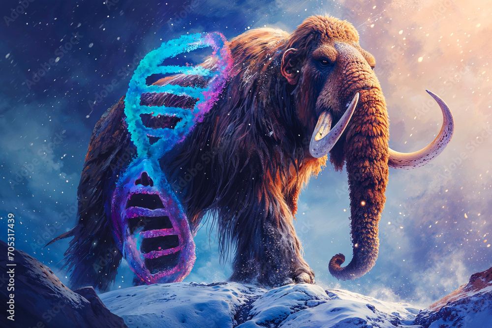 Woolly mammoth with DNA double helix, extinct prehistoric animal ...
