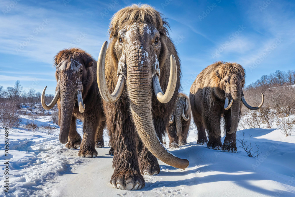 Woolly mammoth herd in frozen cold landscape, extinct prehistoric ...