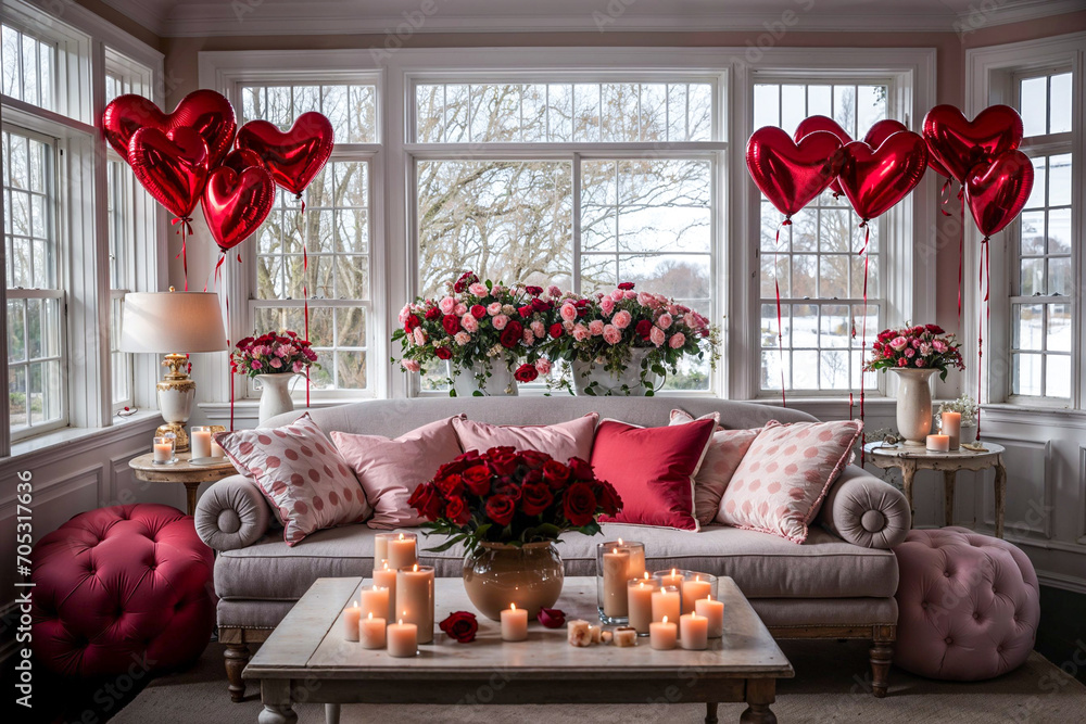 Valentine's Day interior design decor, windows looking onto winter ...