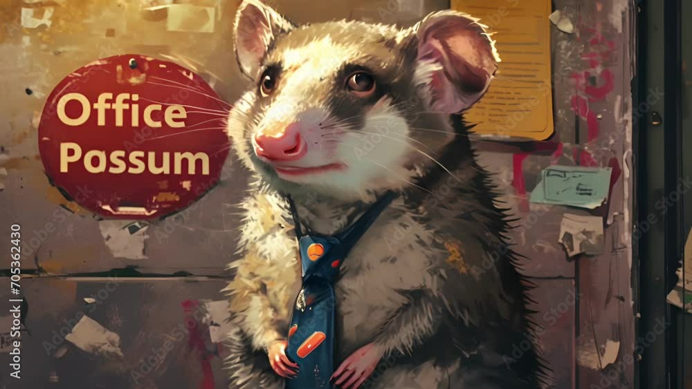 Cute Office Possum with Sign and Tie. Nervous Opossum with Twitching Nose & Whiskers. Looping ...