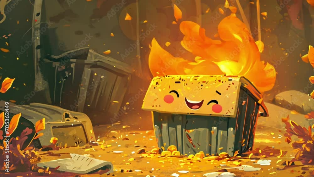 Smiling Cartoon Dumpster Fire. Cute Garbage Bin Fire with Floating ...