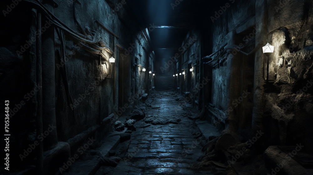 Medieval underground tunnel illuminated by a few lights in the dark. A ...