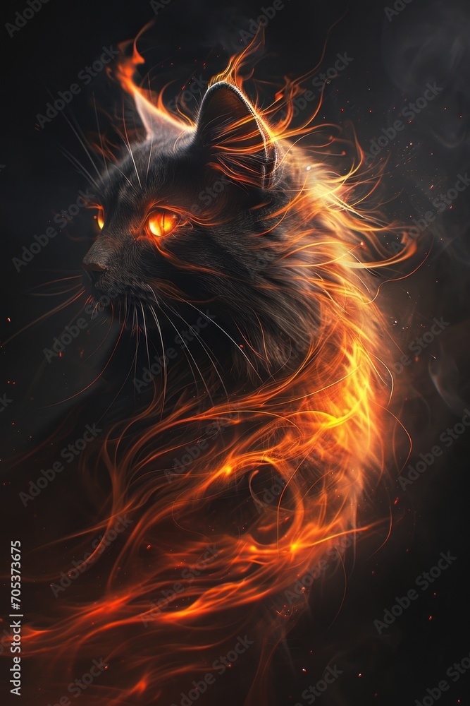 Fire cat, dark orange cat with glowing eyes in fire Stock Illustration ...