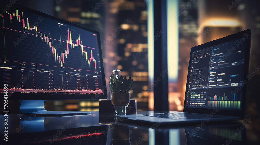 A modern trader's workspace featuring dual screens displaying vibrant ...