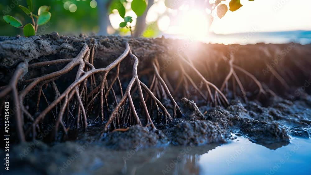 A detailed photo of a mangrove trees root structure, with CRISPR ...