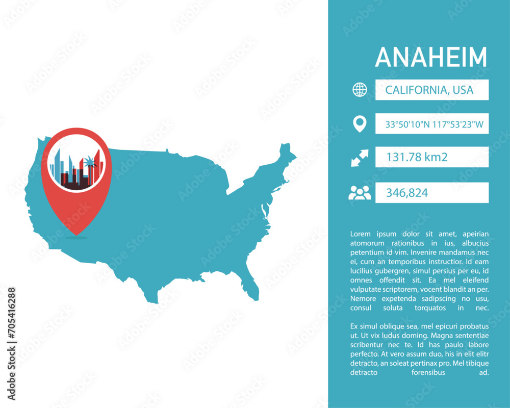 USA Anaheim map shape vector infographics template. Modern city data ...