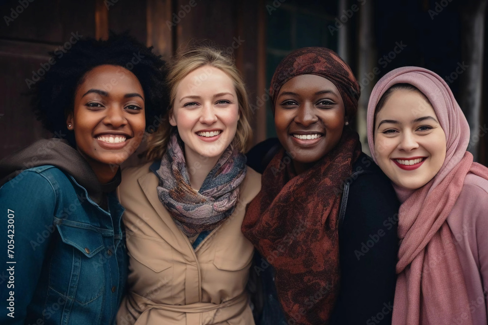 A group portrait of diverse women smiling from different races and ...