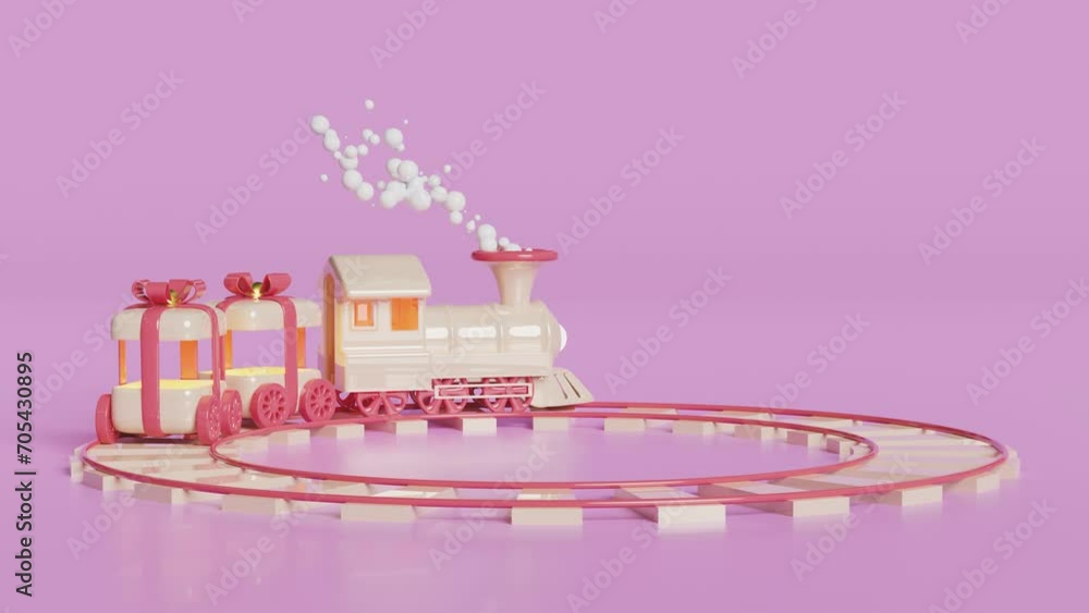 3d locomotive steam cartoon with smoke, wagons shaped like a gift box ...