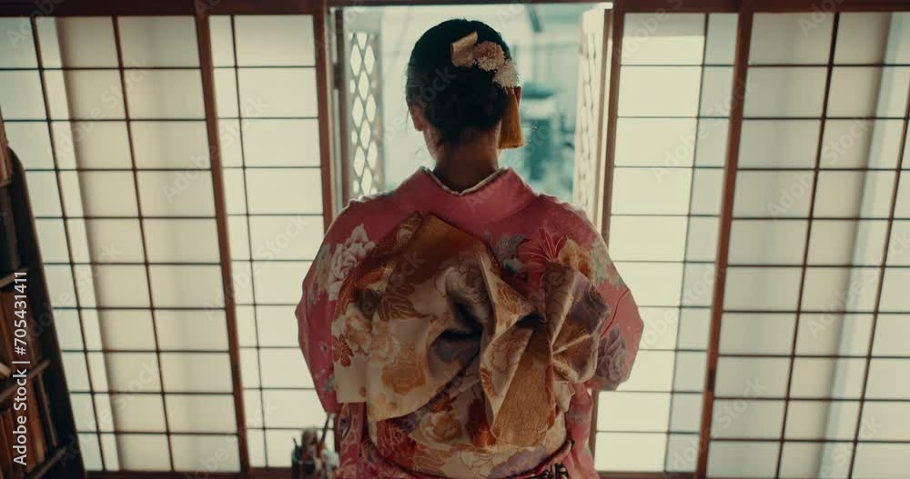 Woman, back and Japanese window with traditional kimono, fashion or ...