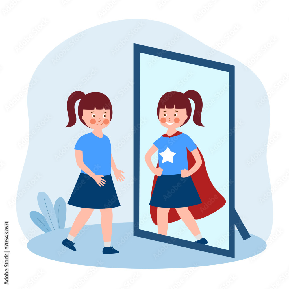 Inner superhero. Girl seeing herself as super hero looking at mirror ...