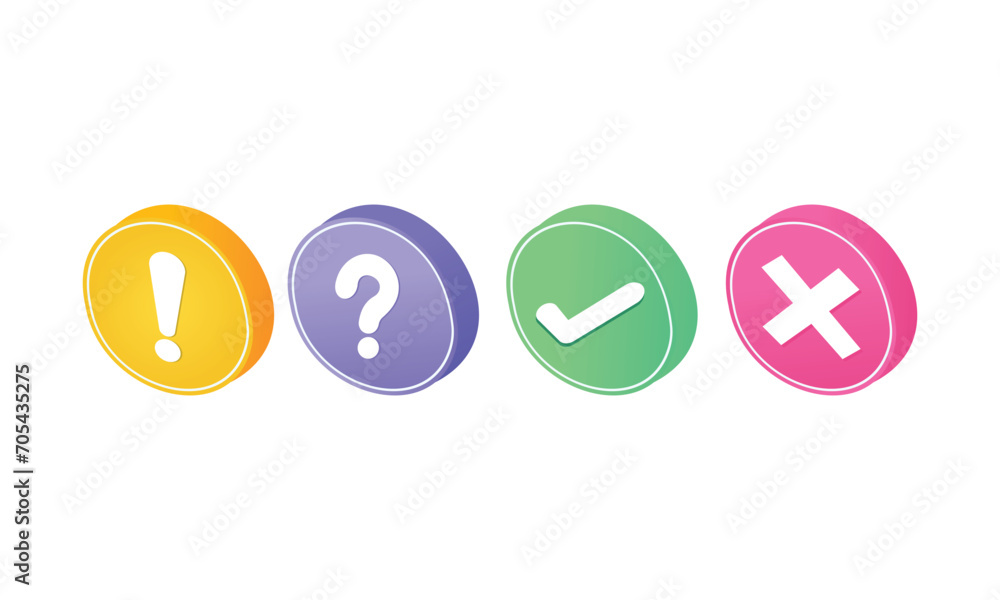 3D Check mark, question mark, caution, cross 3d signs set. Realistic ...