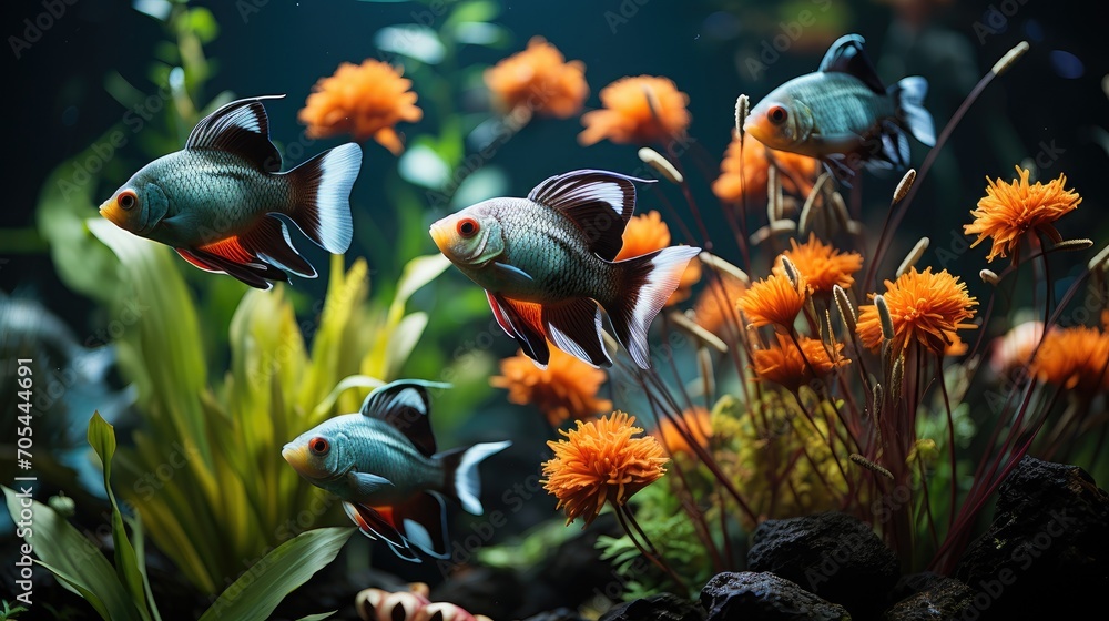 aquascape with colorful plants and flocks of Altum angelfish, Leopold ...