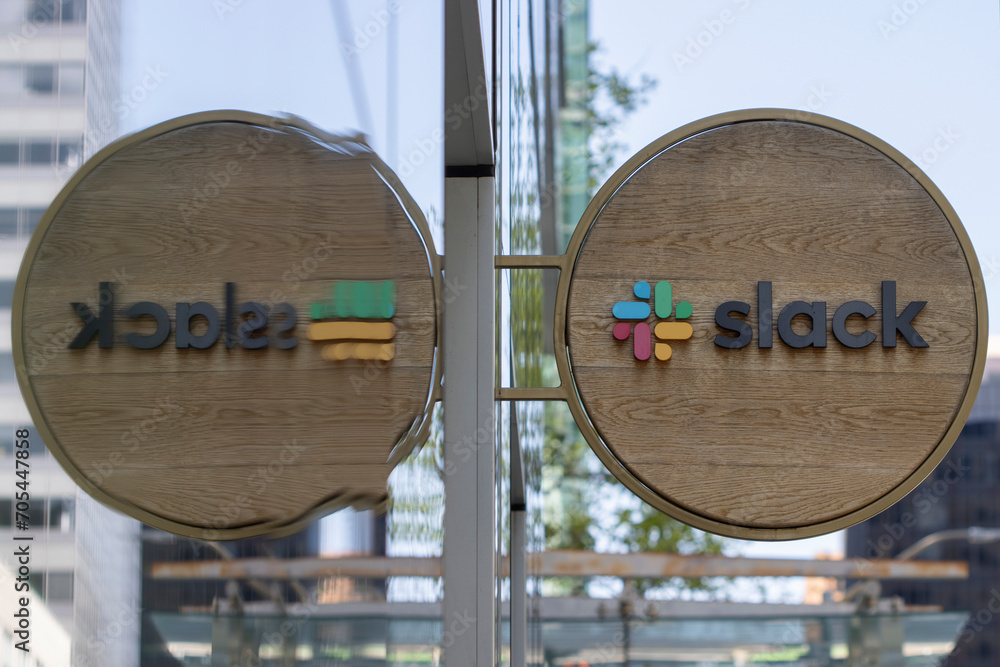 San Francisco, CA, USA - May 1, 2022: Slack sign is seen at the Slack ...
