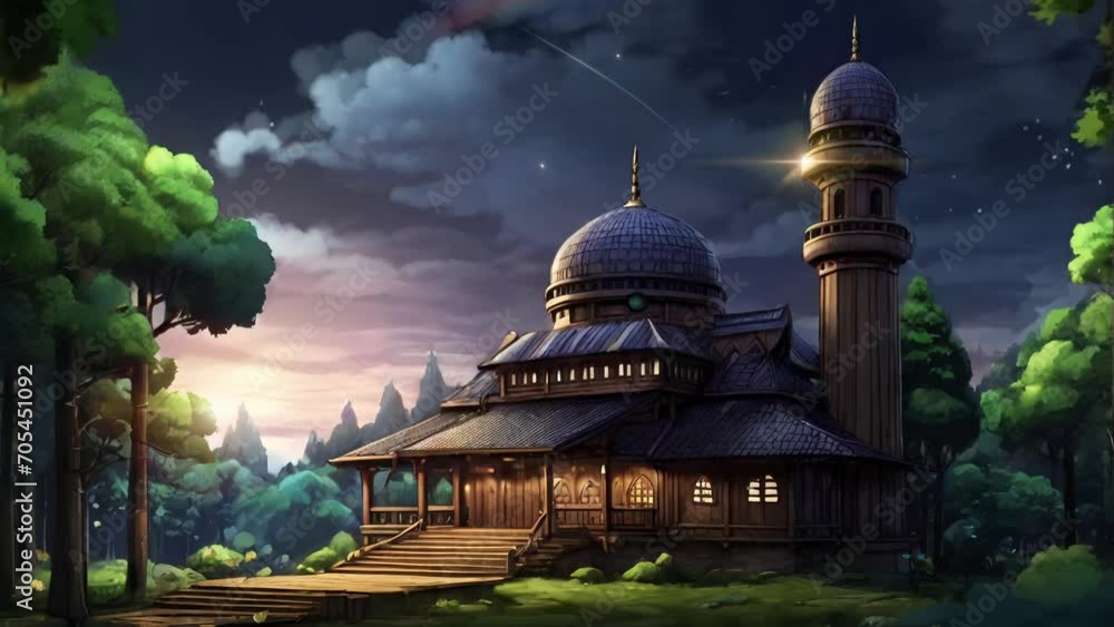 An animated illustration of a simple mosque in the middle of a forest ...