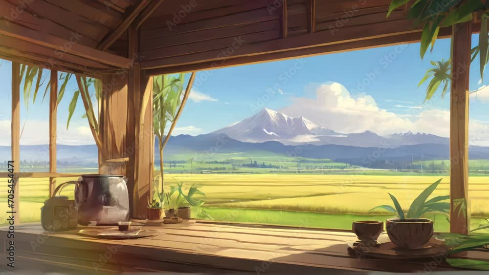 Animated illustration of a view of rice fields in the countryside with ...