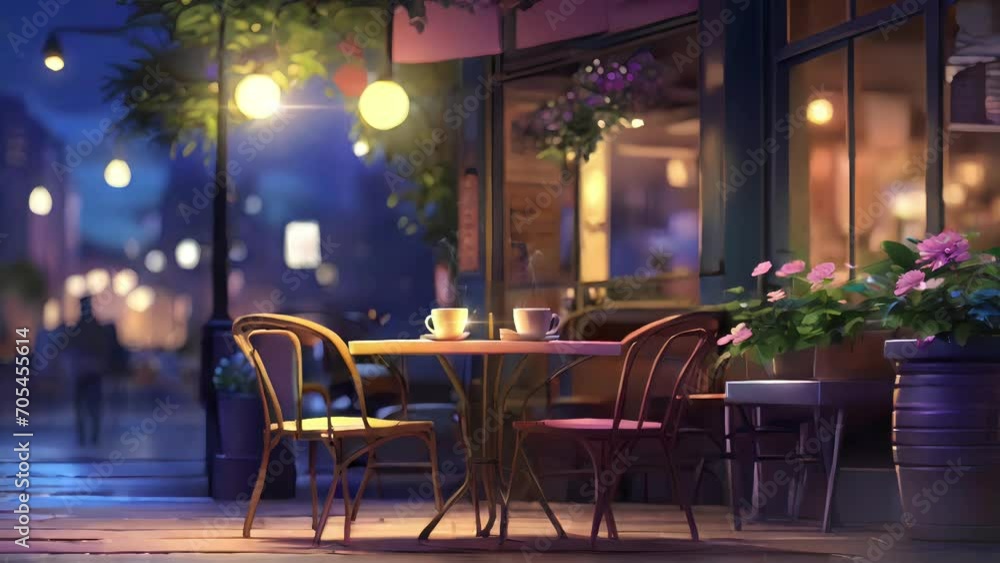 Animated illustration of a cup of warm coffee at a cafe table at night ...