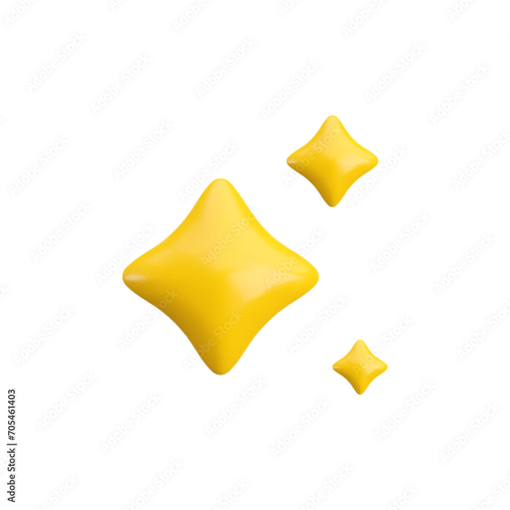 Vector 3d three gold star sparkling icon on white background. Cute realistic cartoon 3d render ...