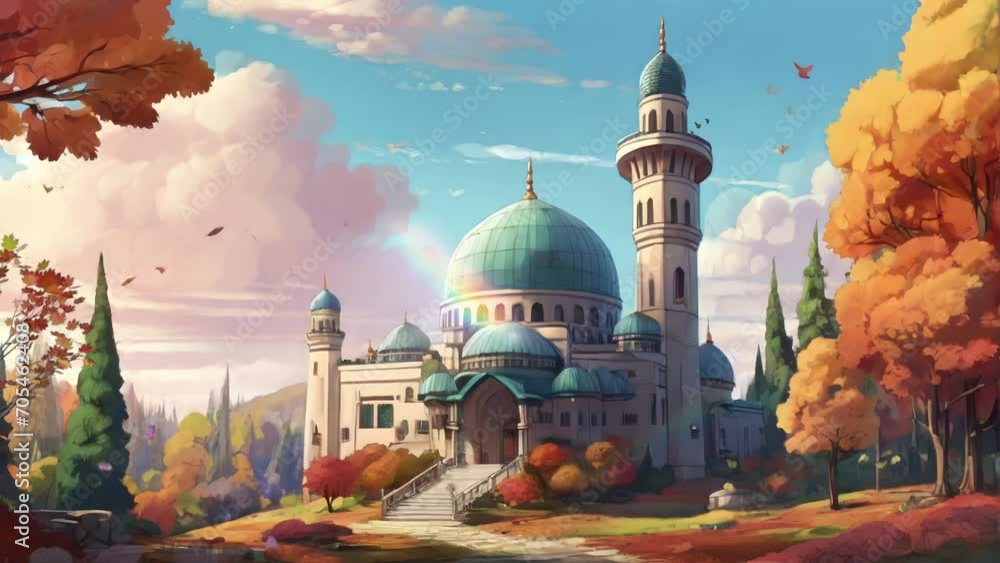 Animated illustration of a mosque with a beautiful forest and mountain ...
