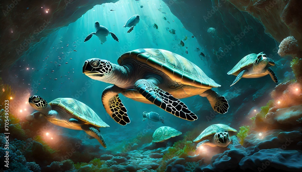 turtle swimming.a mesmerizing underwater illustration featuring turtles ...