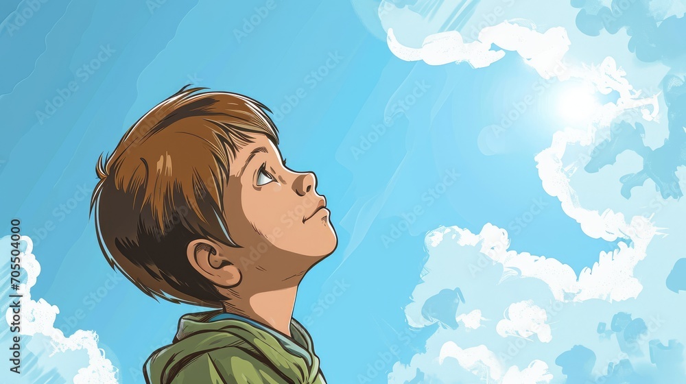 Cartoon little boy looking at the blue sky, AI generated Image Stock ...