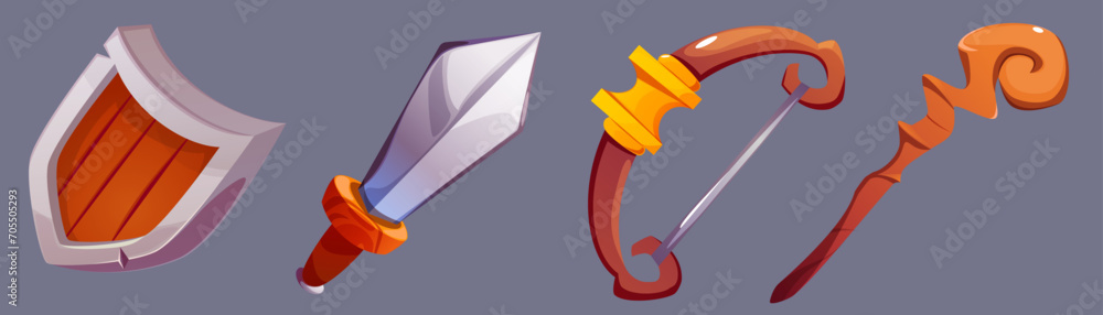 Cartoon Fantasy Weapons Shield Blade Bow Staff. Vector Illustration ...