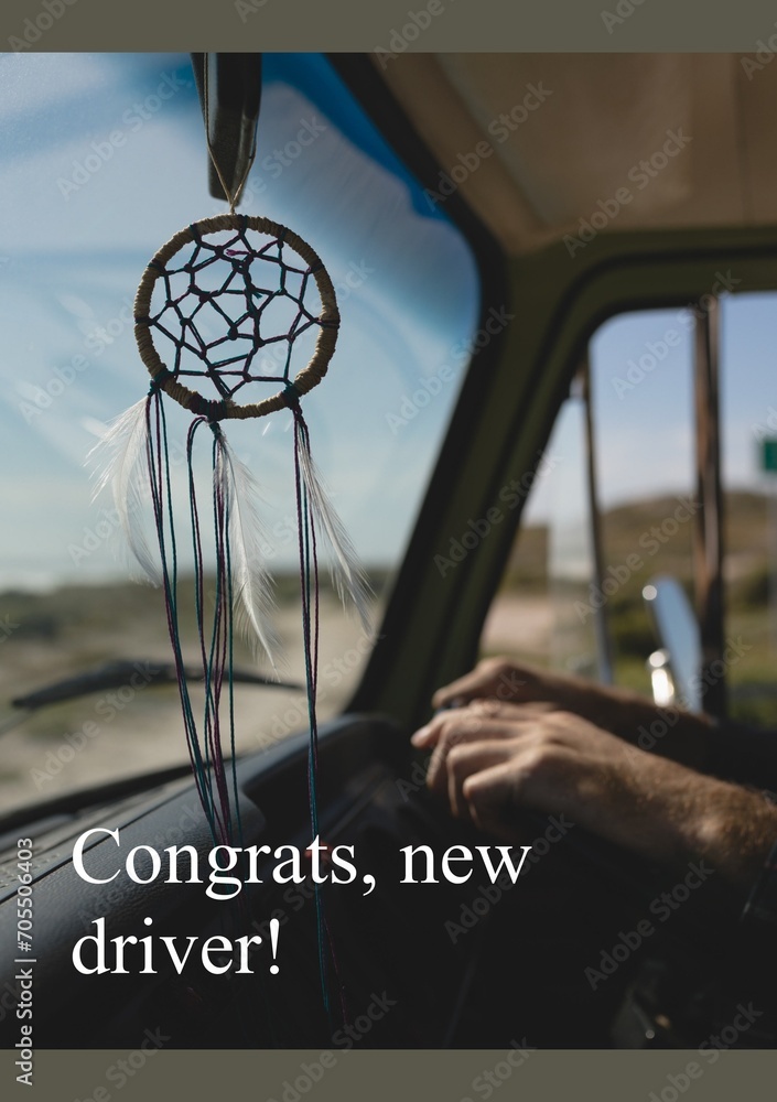 Congrats, new driver text in white over caucasian hands on steering ...