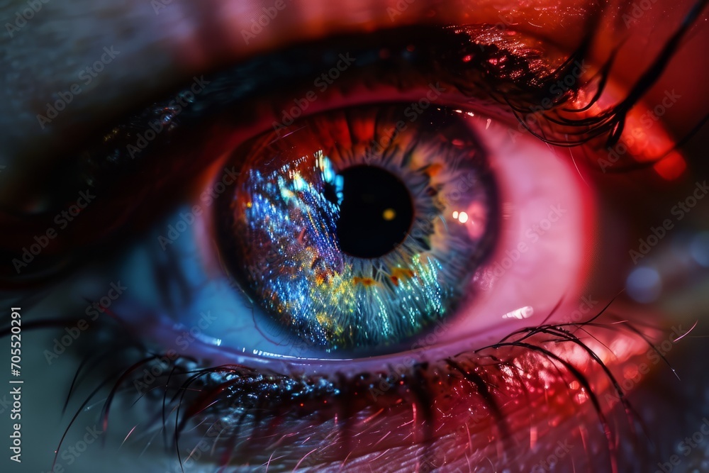 Close-up of a human eye with vibrant colors and detailed iris texture ...