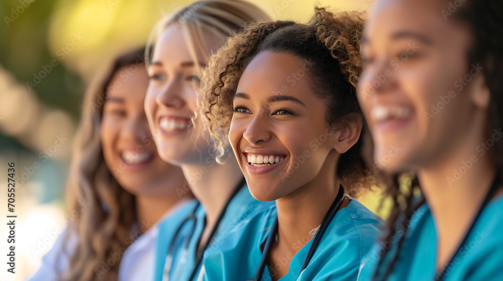 Multi-ethnic group of happy female nurses at the hospital, diversity, teamwork and healthcare ...