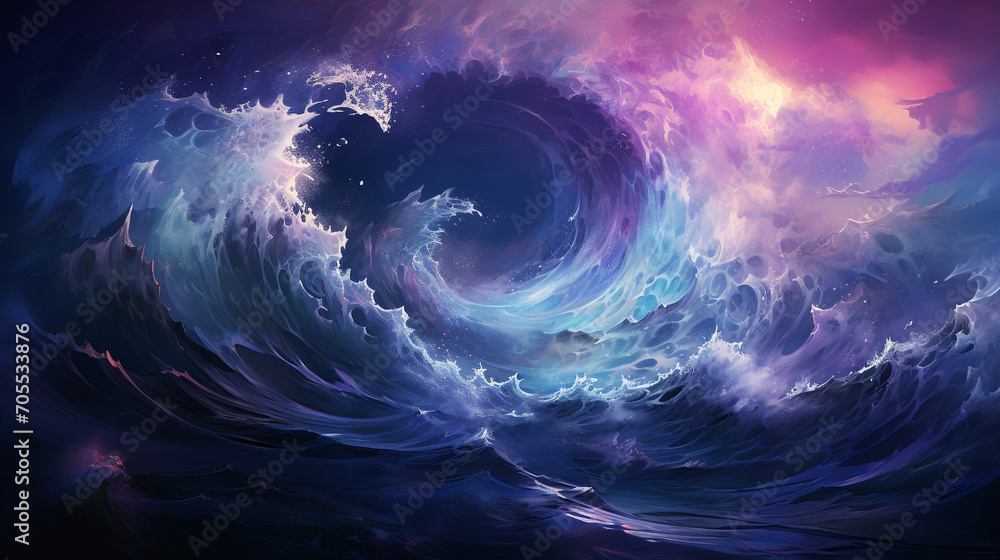 depicted in majestic sea settings, roaring waves, towering shining ...