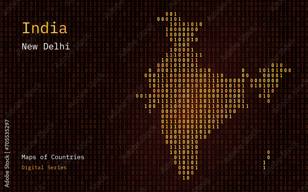 India Map Shown in Binary Code Pattern. TSMC. Gold Matrix numbers, zero ...