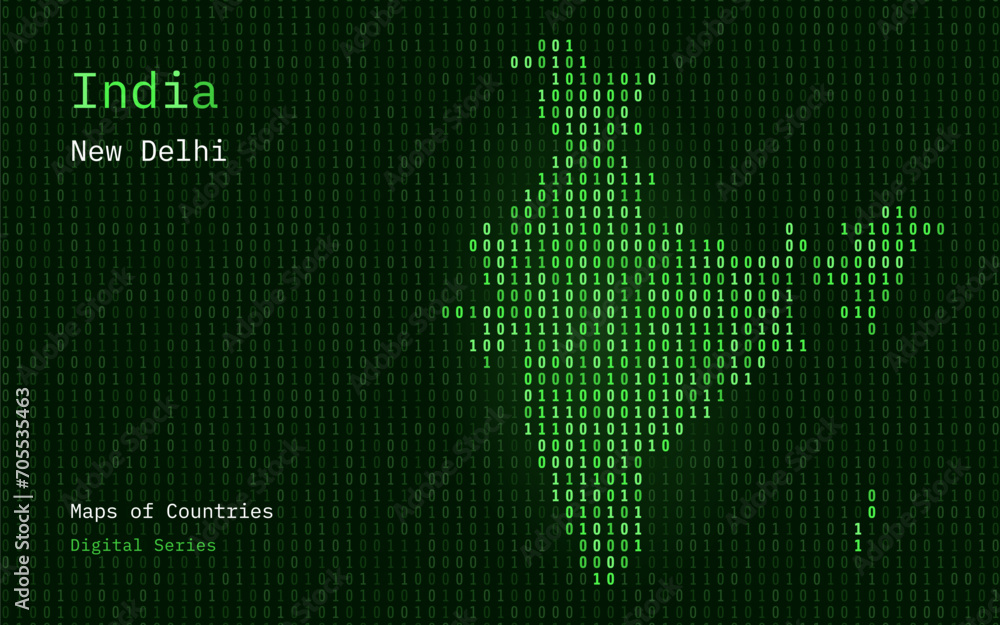 India Map Shown in Binary Code Pattern. TSMC. Green Matrix numbers ...