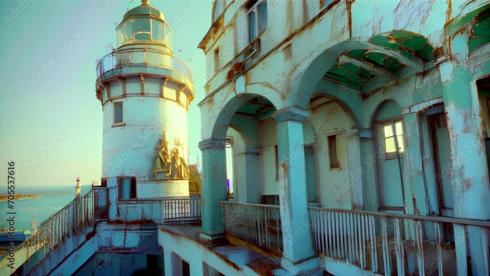 Vidéo Stock A white lighthouse built on a high ground facing the sea ...