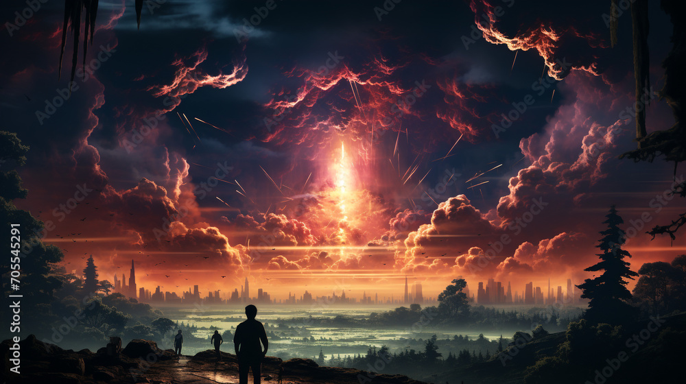 Human extinction event. the iconic shape of a colored nuclear smoke ...