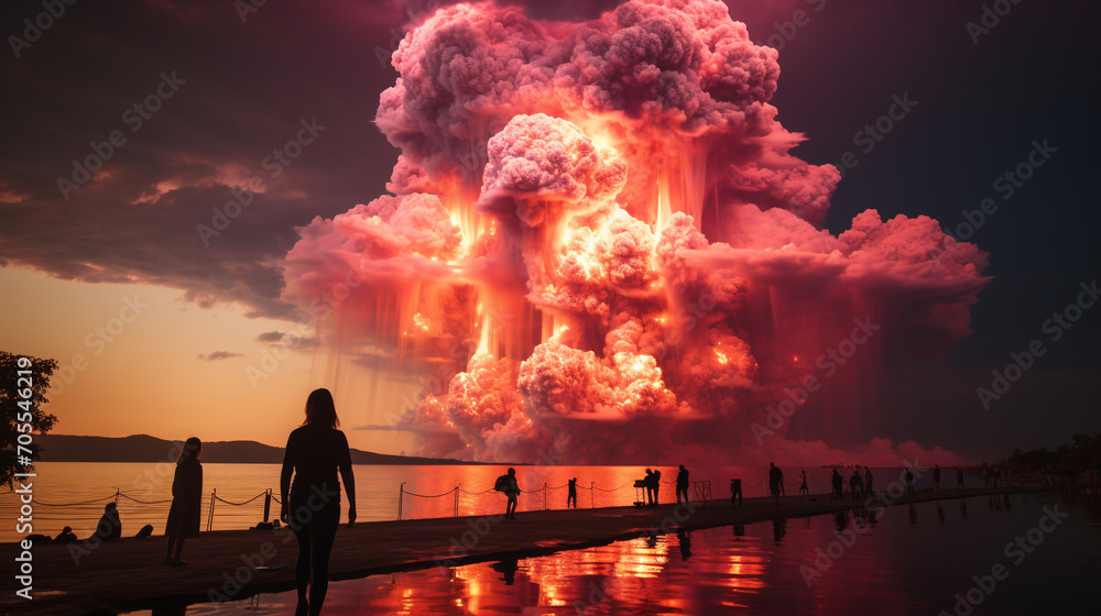 Human extinction event. the iconic shape of a pink nuclear smoke ...