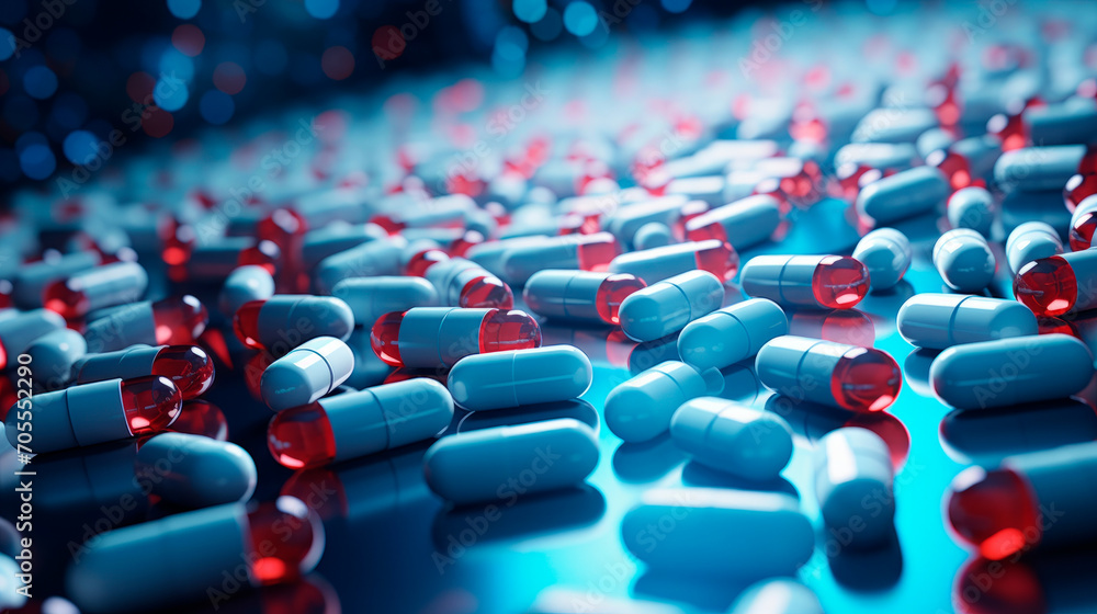 Close-up of capsules in blue-red color scheme are scattered across ...