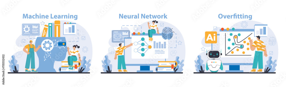 AI Model set. Interactive scenes of machine learning, neural networks ...