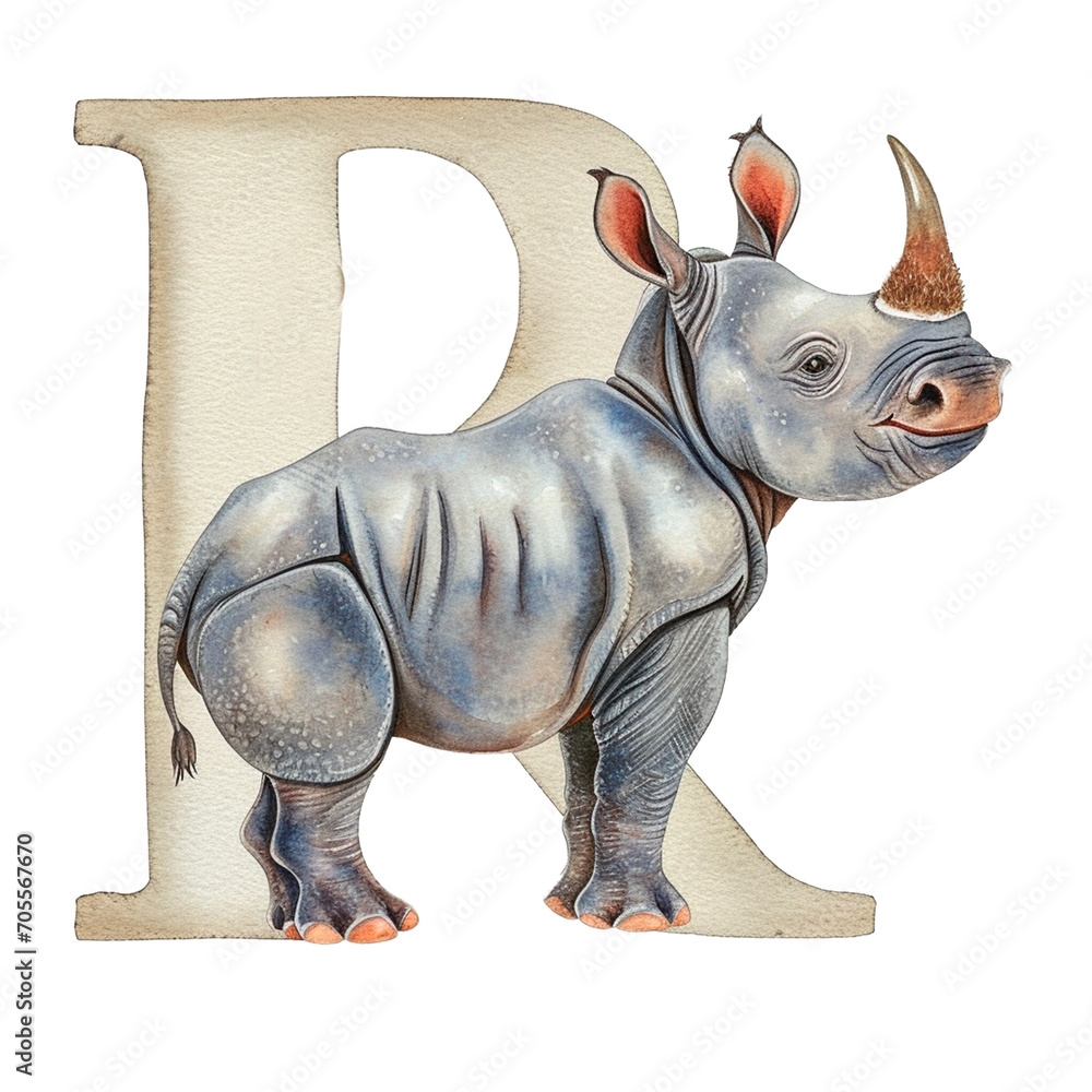 Watercolor Animal alphabet letters. Cute baby animal letter R with ...