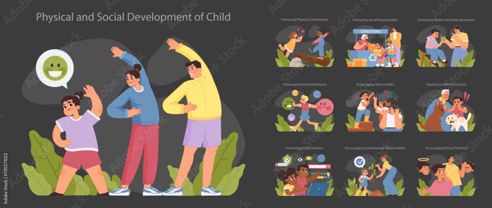 Physical and social development of child concept set. Children engaging ...