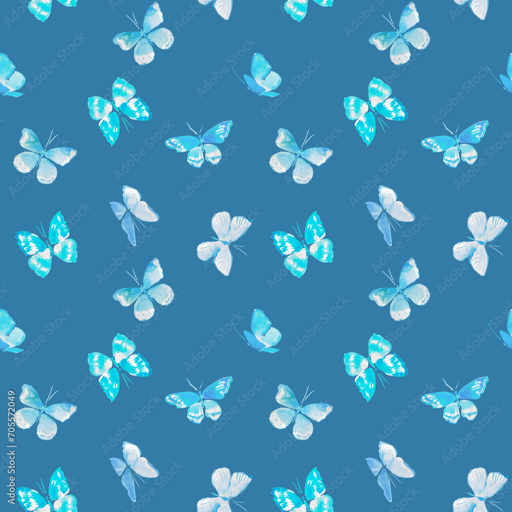 Watercolor hand painted blue butterfly pattern , dark blue , background ...