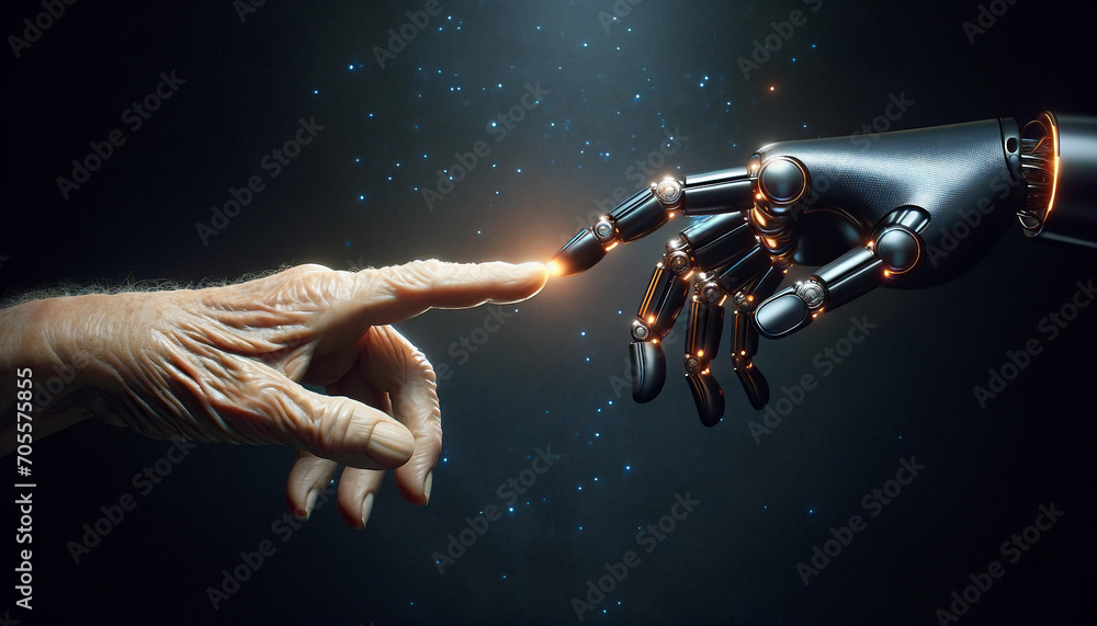 The human finger delicately touches the finger of a robot's metallic ...