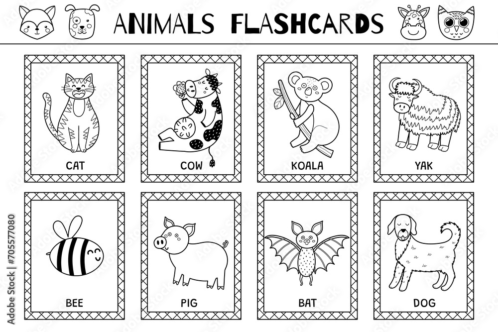 Animals black and white flashcards collection for kids. Flash cards set ...