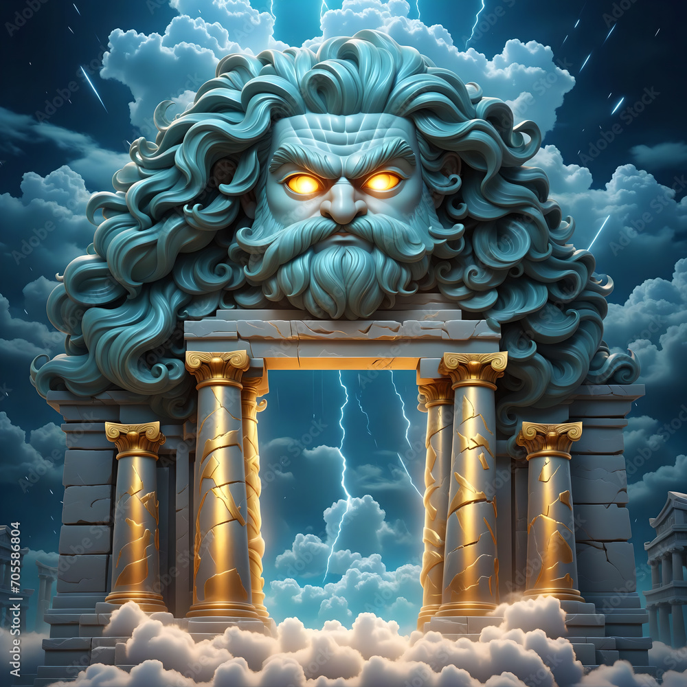 Zeus temple. Zeus above the clouds temple illustration. Zeus gold temple gate. Ancient Greek god ...