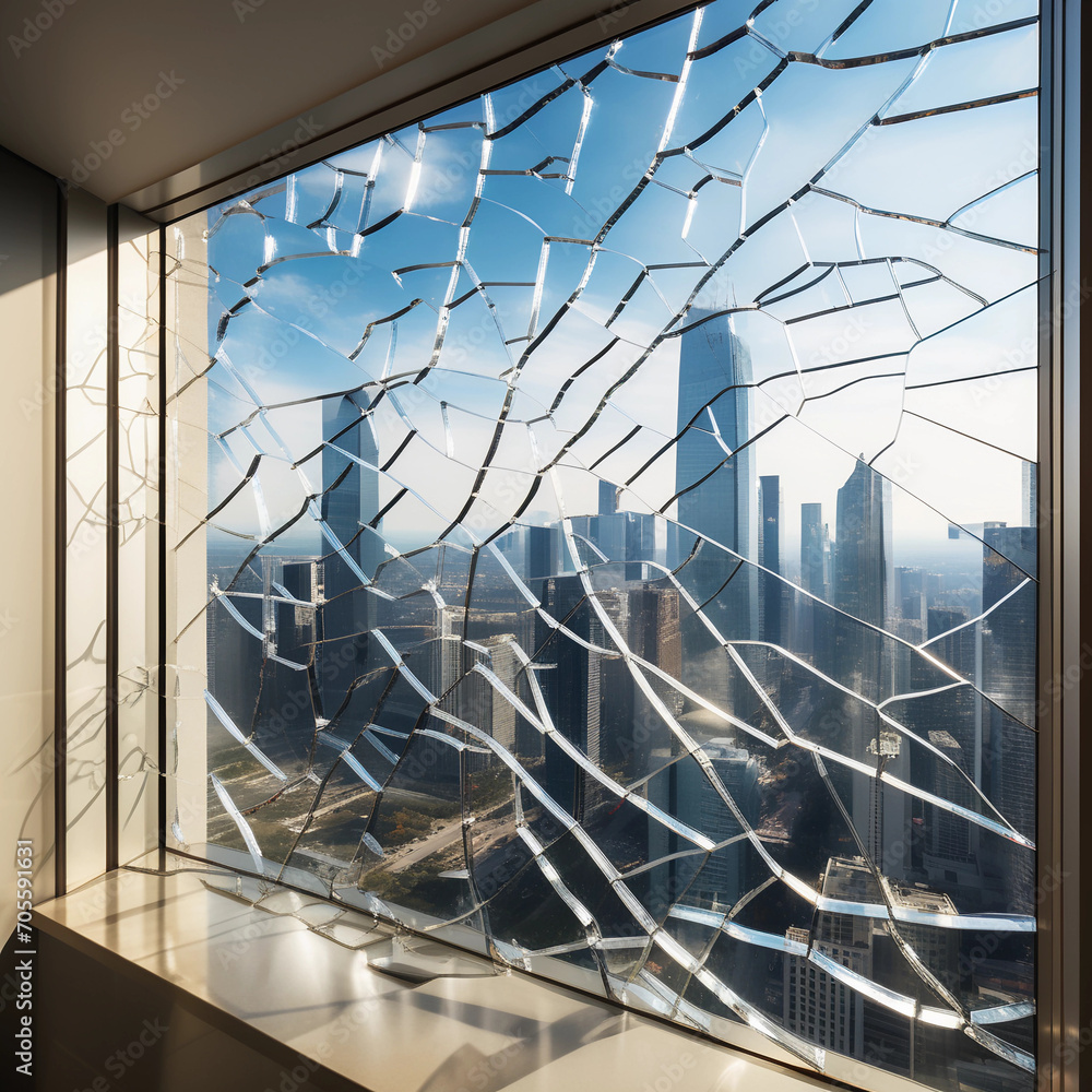a broken window in a skyscraper, view of the city through the cracked ...