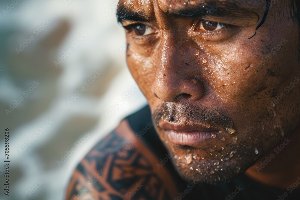 A weathered man stands stoically, his damp skin glistening in the ...
