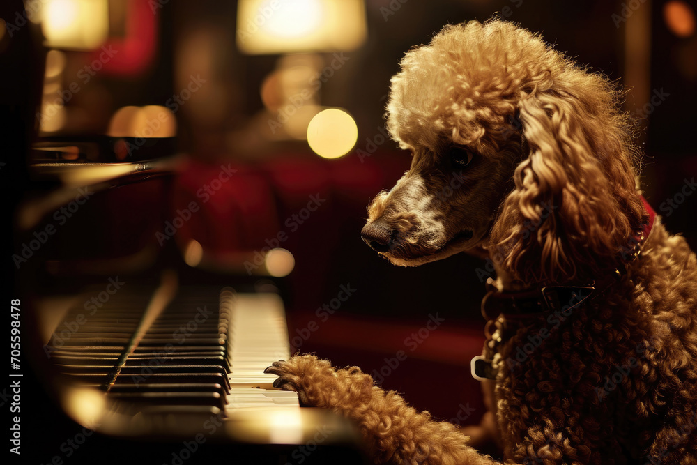 An elegant poodle sits at a grand piano, paws gracefully tapping the ...