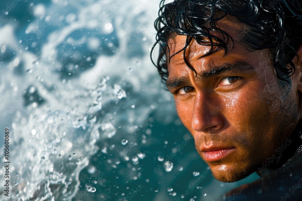 A rugged man, dripping with water, stares into the distance as he ...